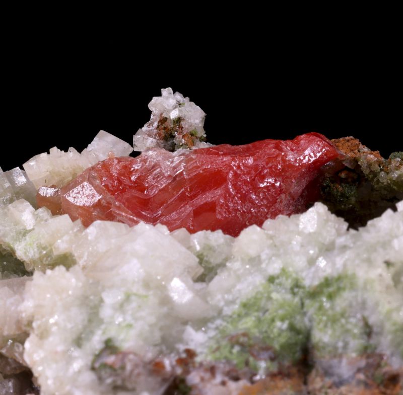 Cuprite var. Chalcotrichite included Cerussite on Calcite | Tsumeb Mine ...