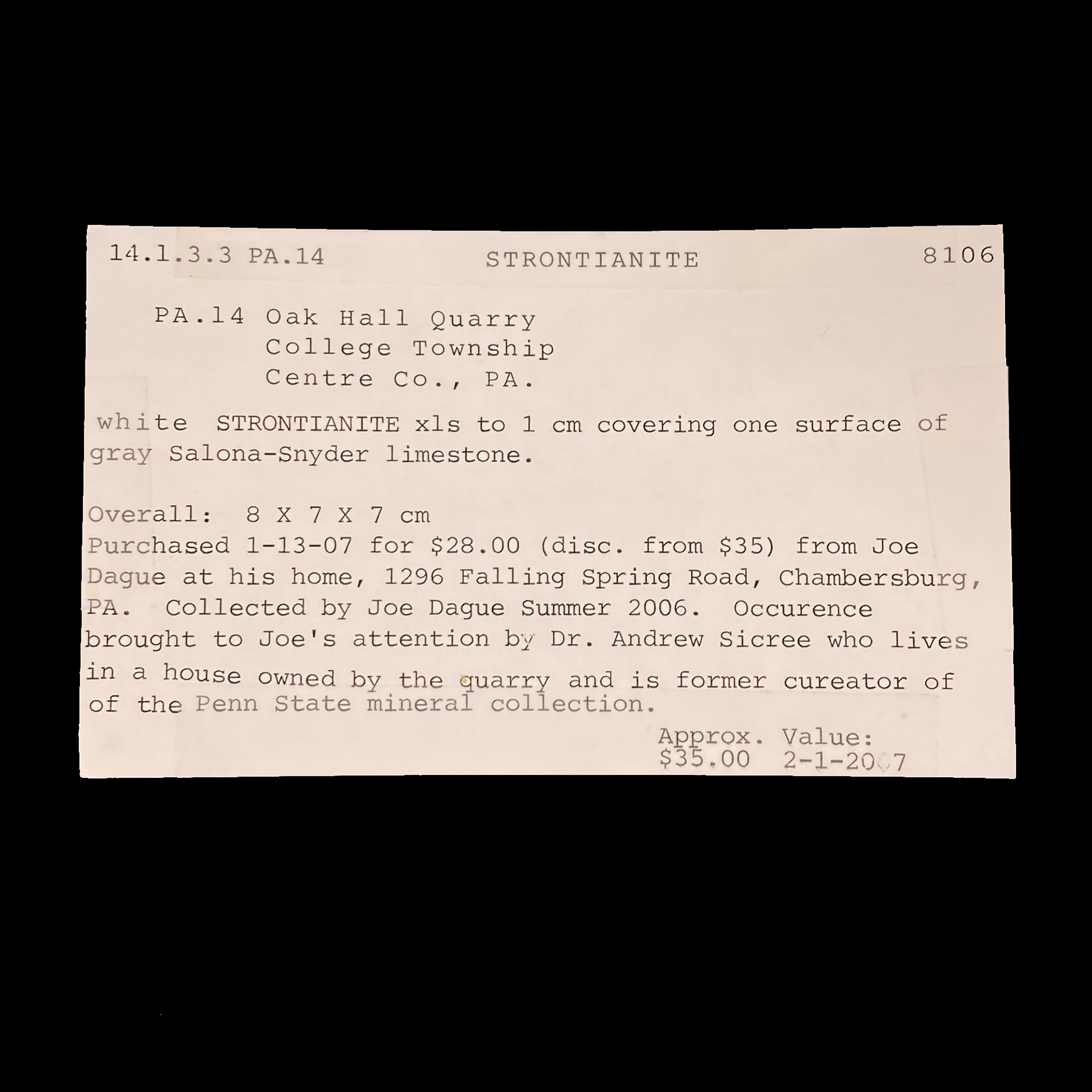 Strontianite (rare locality specimen) | Oak Hall Quarry, College ...
