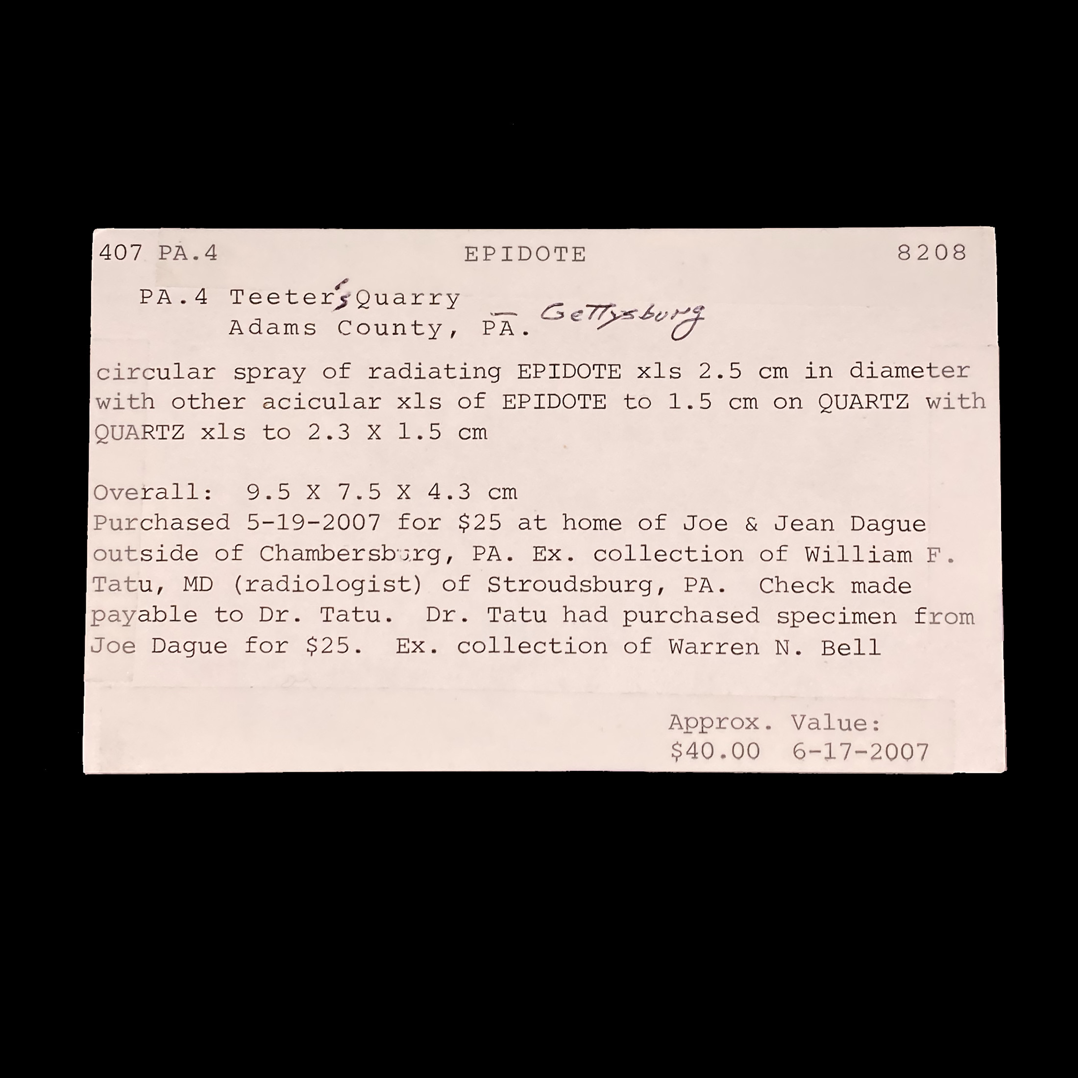 Epidote with Quartz | Teeter Quarry, Cumberland Township, Adams Co ...